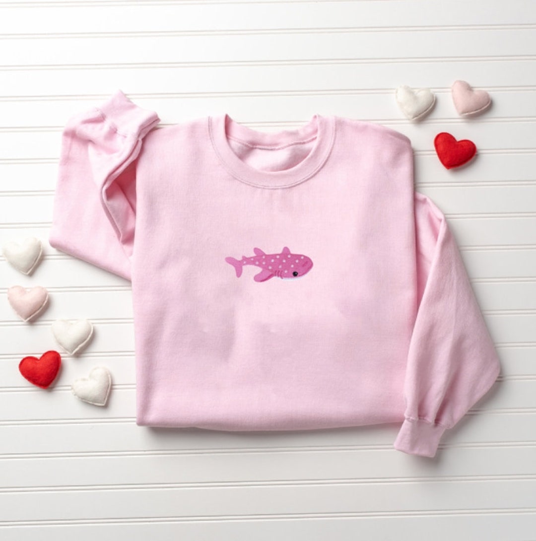 Cute Pink Shark Embroidered Sweatshirt, Girls Pink Shark Sweatshirt ...