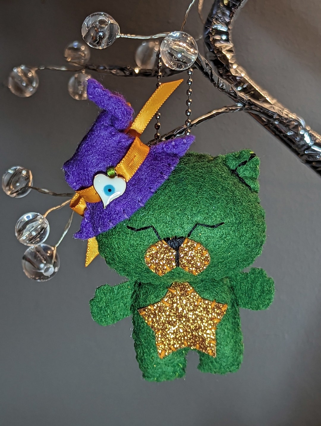 Witch Neko Kitty Ornament Green Glitter Orange Purple - Etsy