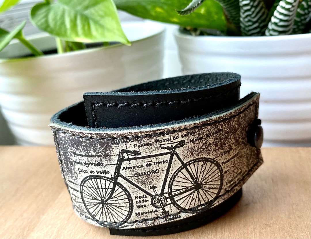 Leather Cuff Unisex Wrap - Bicycle Print- Genuine Leather - Bike Cuff ...