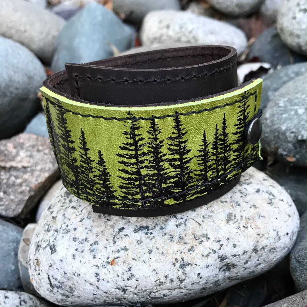 Leather Cuff Bracelet Wrap, Wilderness Pine Tree - Green Leather ...