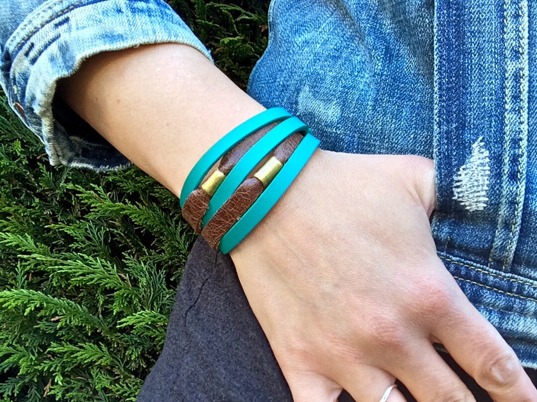 Layered Leather Bracelet - Raw Brass Bead Bracelet - Multistrand ...