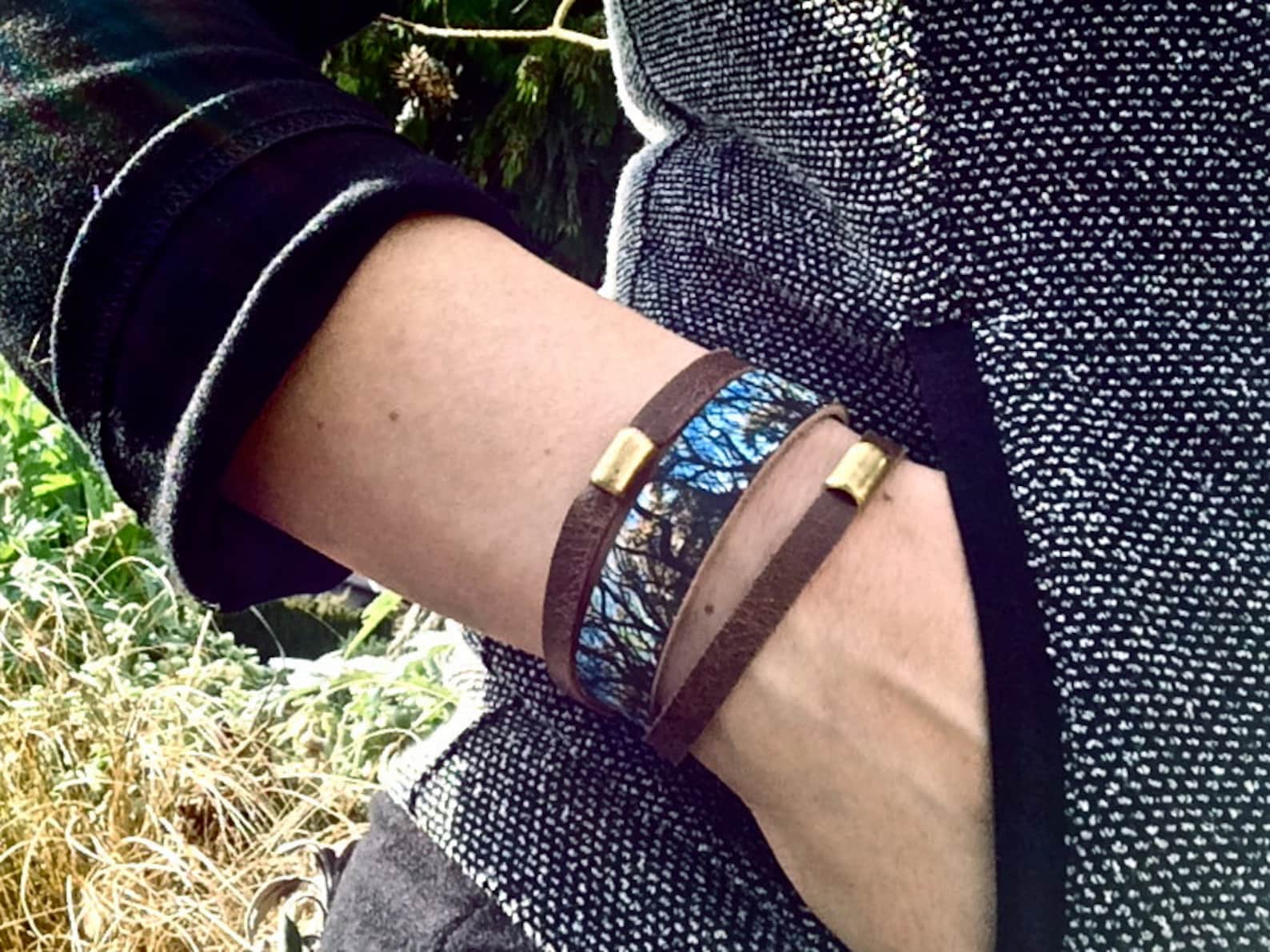 Layered Leather Bracelet - Brass Bead Bracelet - Tree Tangle Print ...
