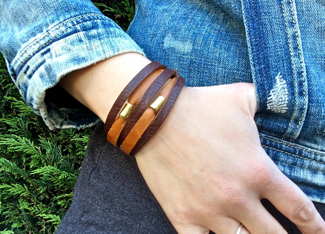 Layered Leather Bracelet - Raw Brass Beads - Multistrand Bracelet ...