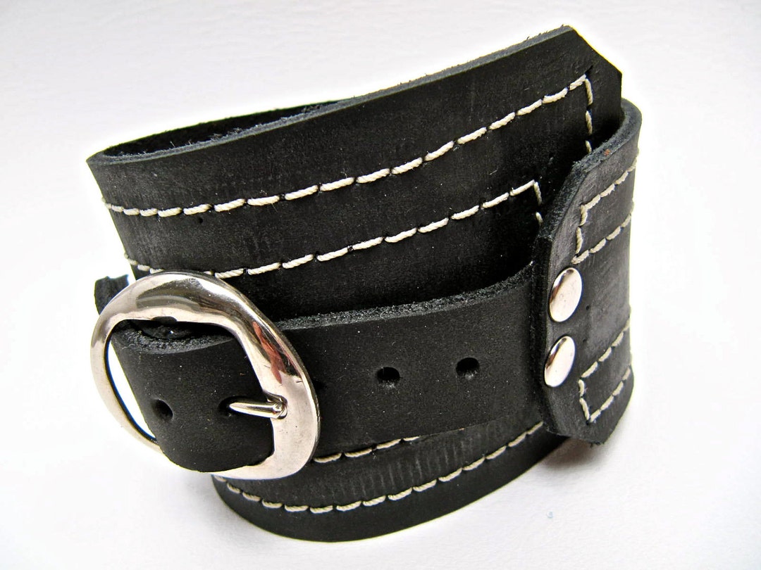 Black Leather Cuff - Unisex Buckle Wrap - Contratsing Stitiching - Gift ...
