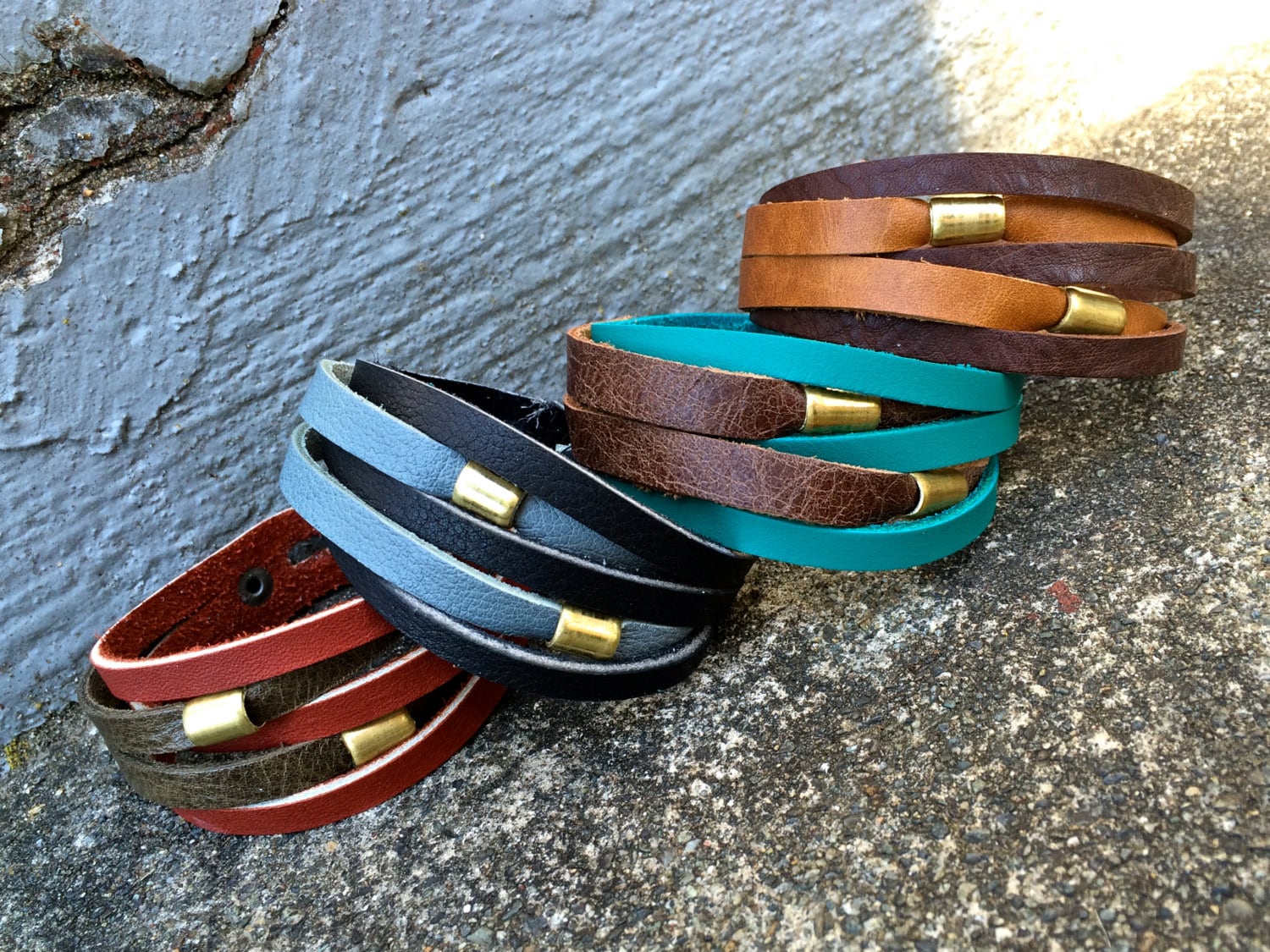 Layered Leather Bracelet - Raw Brass Bead Bracelet - Multistrand ...