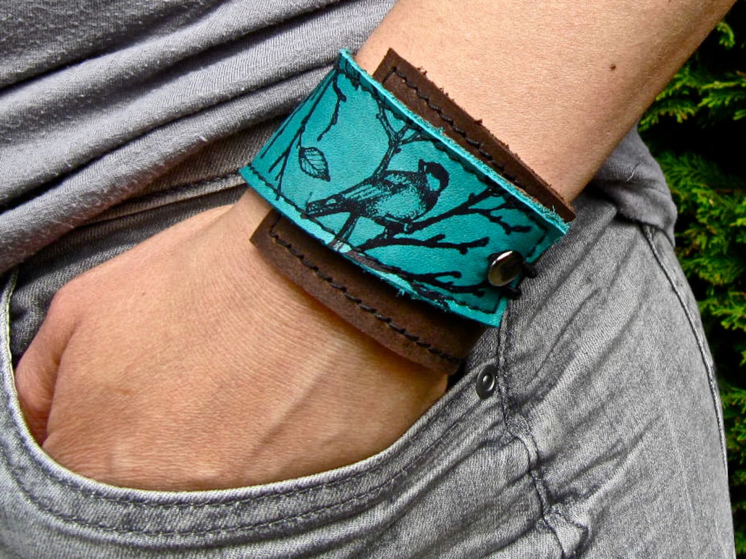 Leather Cuff - Women's Bracelet Wrap - Bird Print - Turquoise Leather ...