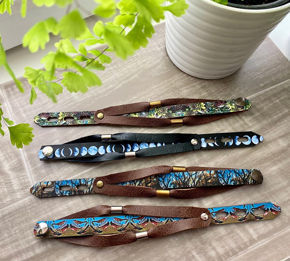 Layered Leather Bracelet - Brass Bead Bracelet - Tree Tangle Print ...