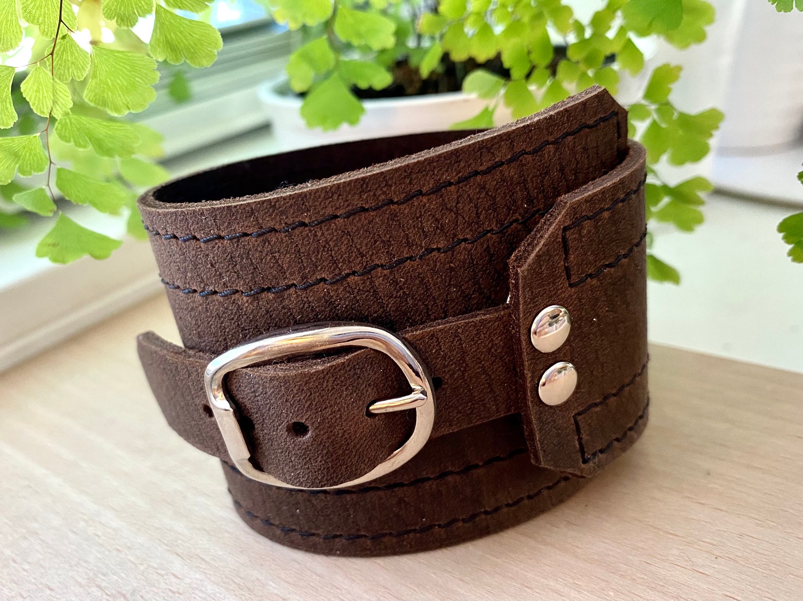 Brown Leather Cuff Unisex Buckle Wrap Adjustable Size - Etsy