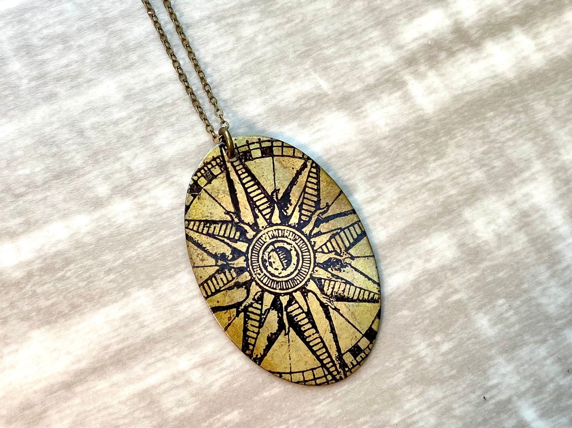 Long Brass Necklace REVERSIBLE Jewelry Compass Print | Etsy