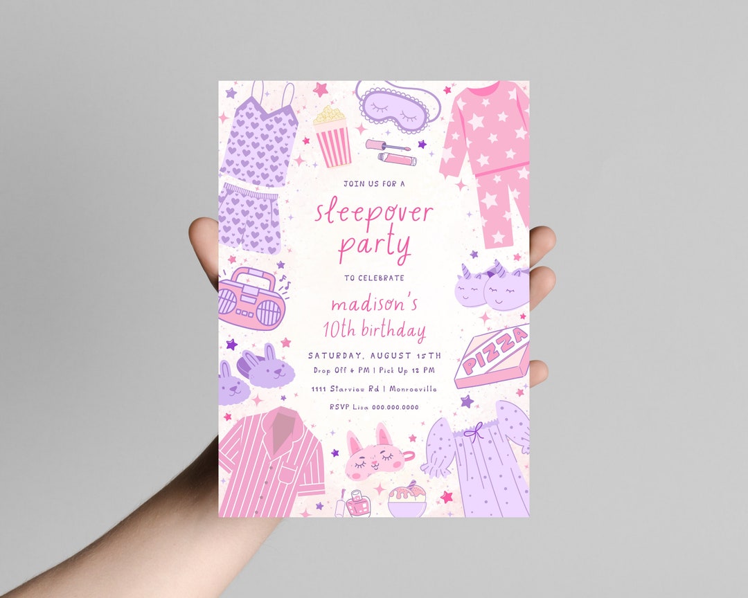 Sleepover Party Birthday Invitation | Editable Pink Girl Slumber Party ...
