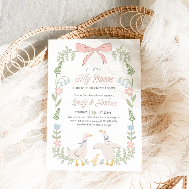 Silly Goose Baby Shower Invitation Bundle, Floral Pink Bow Baby Shower ...