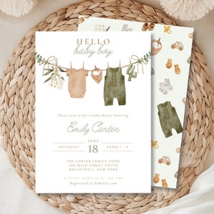 Boho Boy Clothesline Baby Shower Invitation Bundle | Watercolor Neutral ...