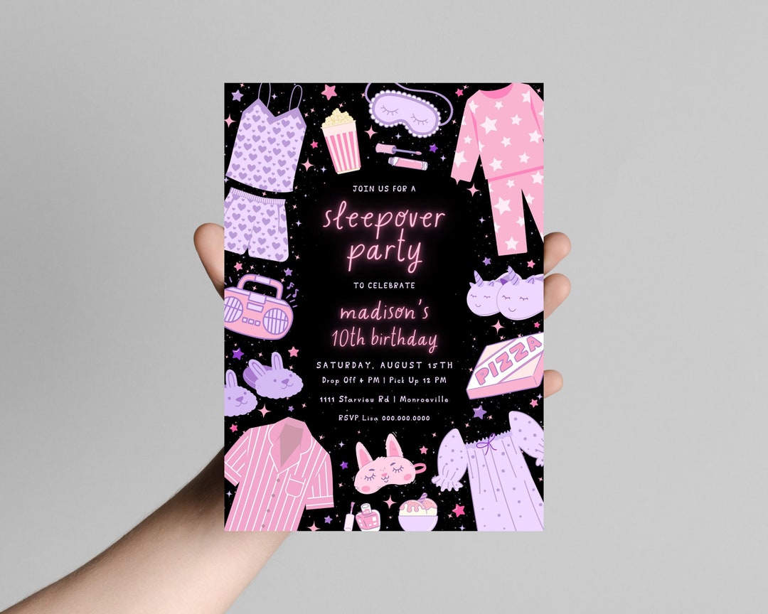 Sleepover Party Birthday Invitation | Editable Pink Girl Slumber Party ...