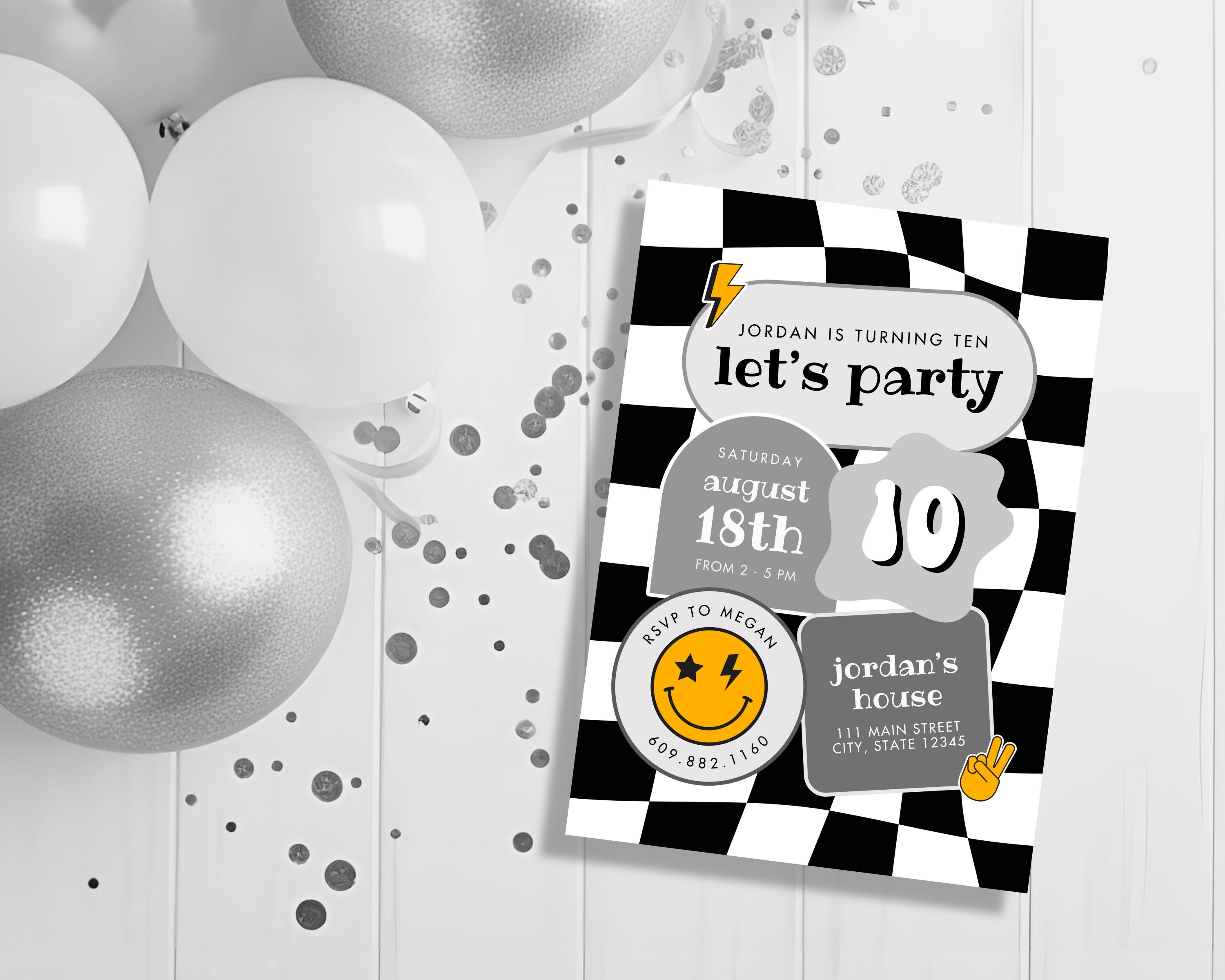 Retro Happy Face Birthday Invitation Smile Face Checkered Y2K Party ...