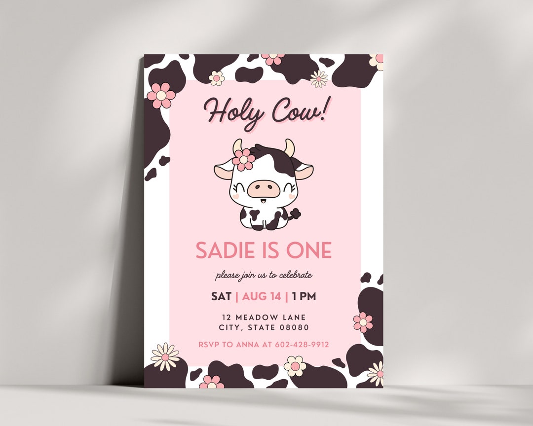 Holy Cow Pink Birthday Invitation | Cow Floral Girl Party Invite ...