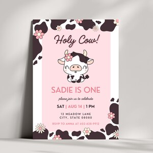 Holy Cow Pink Birthday Invitation | Cow Floral Girl Party Invite ...