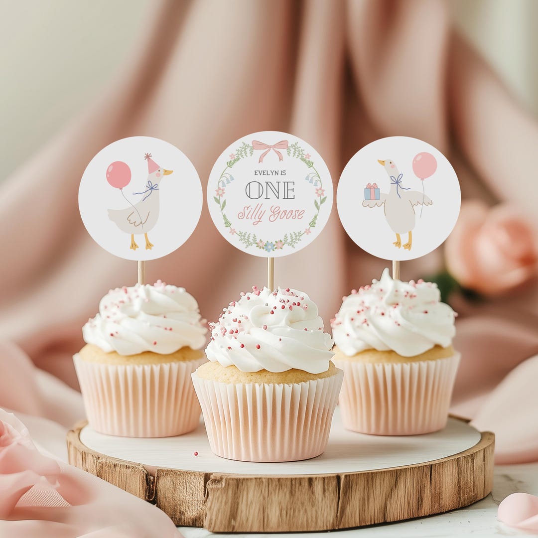 One Silly Goose Cupcake Toppers | Floral Pink Bow Goose 1st Birthday ...