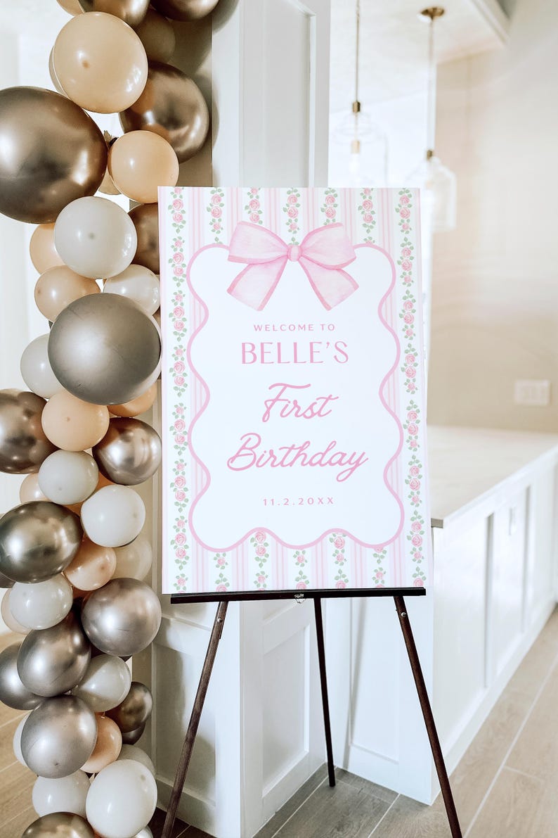 Vintage Pink Bow Floral Welcome Sign | Elegant Coquette Bow & Roses ...