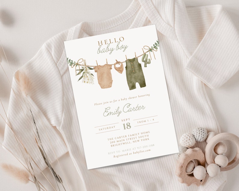 Boho Boy Clothesline Baby Shower Invitation Bundle Watercolor Neutral ...