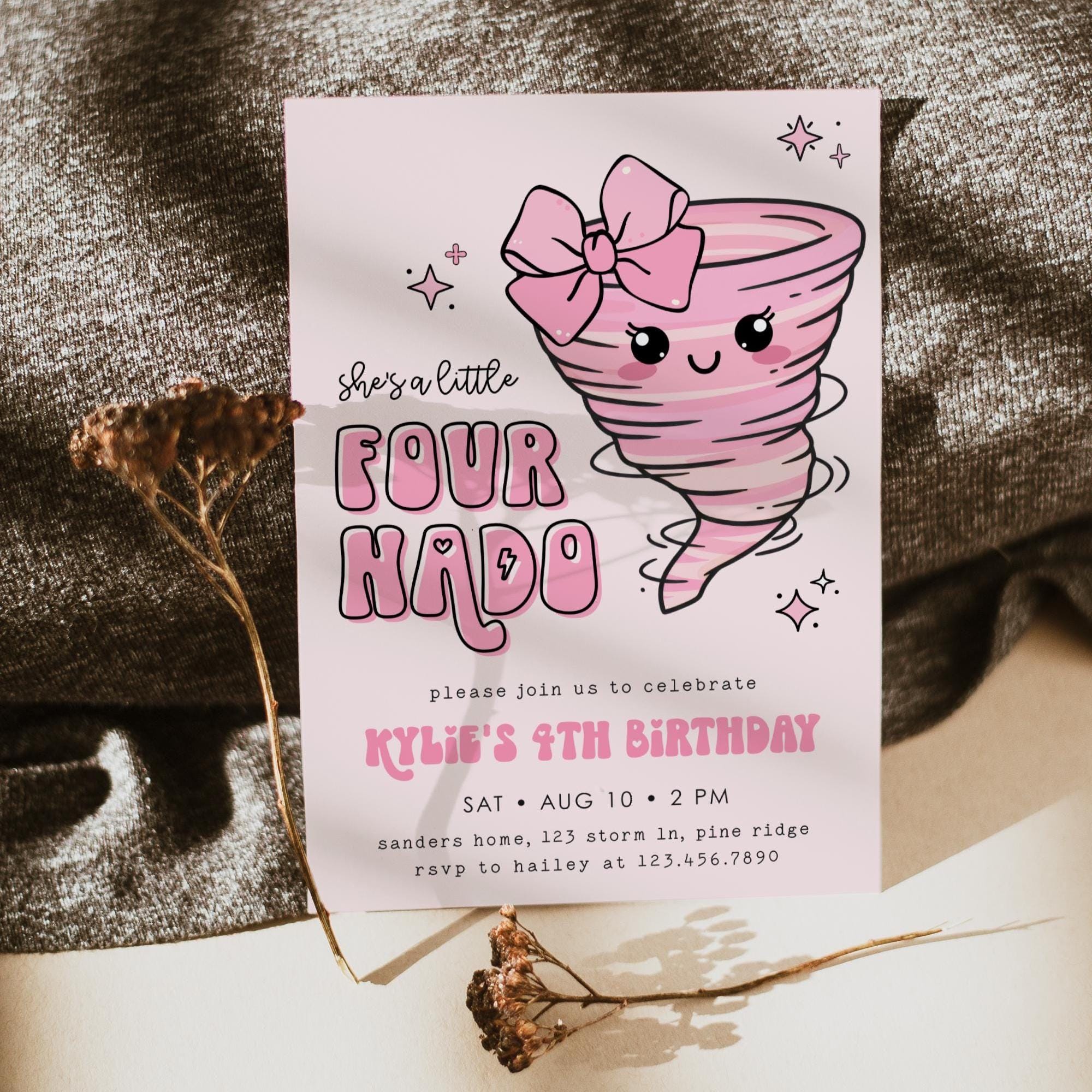 Fournado Birthday Invitation | Pink Tornado 4th Birthday Invite ...