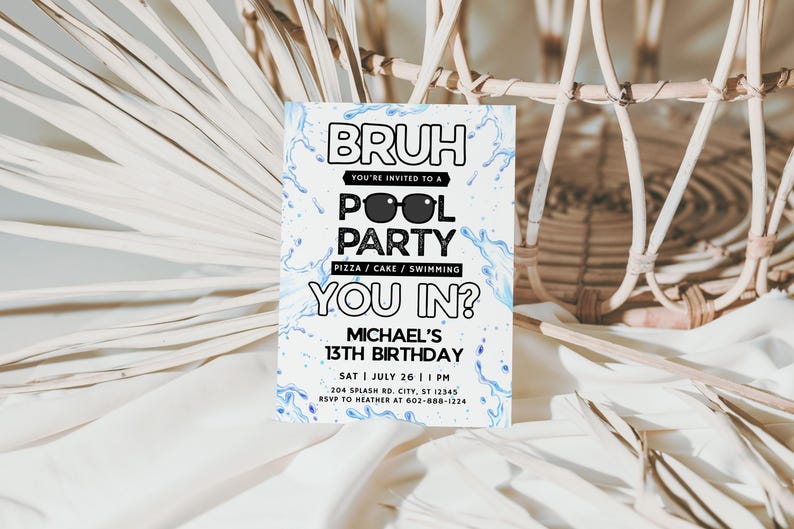 Bruh Pool Party Birthday Invitation, Boy Summer Swim Party Invite ...