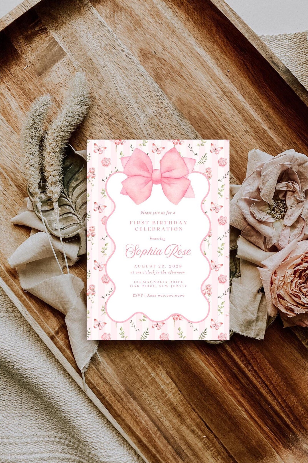 Vintage Bow Rose Birthday Invitation | Elegant Pink Coquette Bow ...