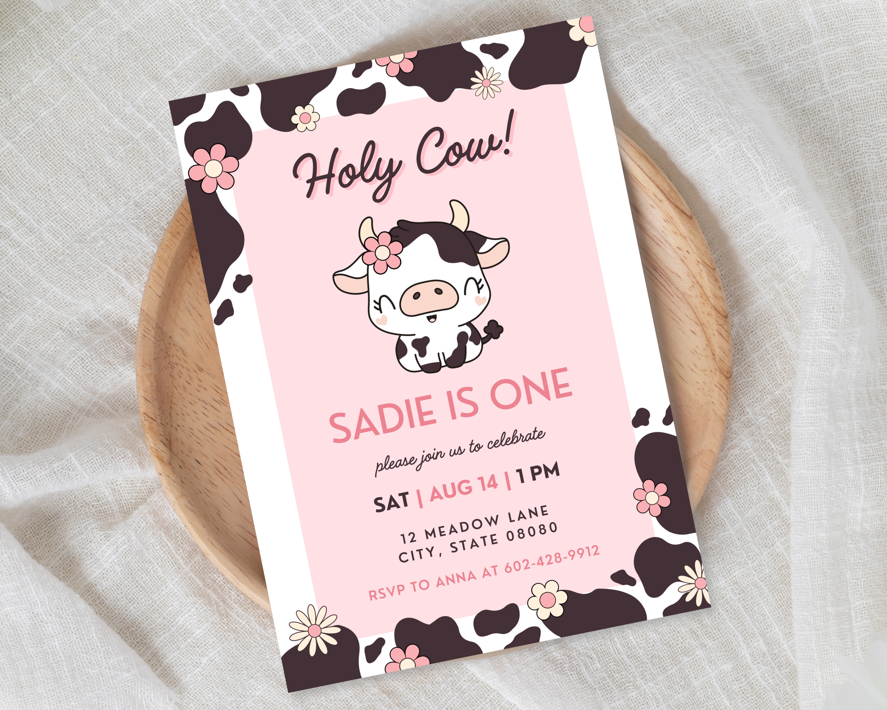 Holy Cow Pink Birthday Invitation Cow Floral Girl Party Invite Instant ...