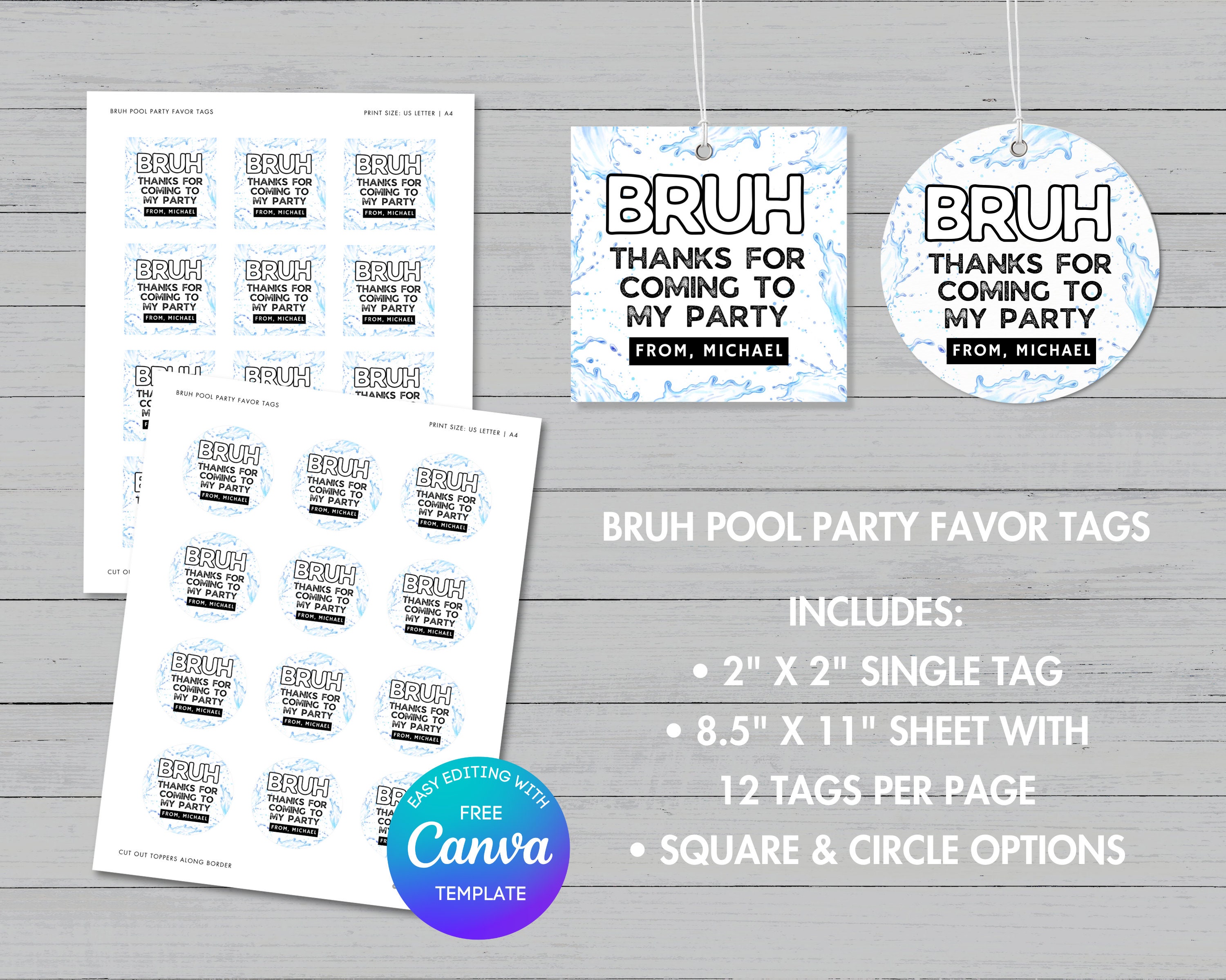 Bruh Pool Party Favor Tags Boy Summer Swimming Birthday Thank You Tags ...