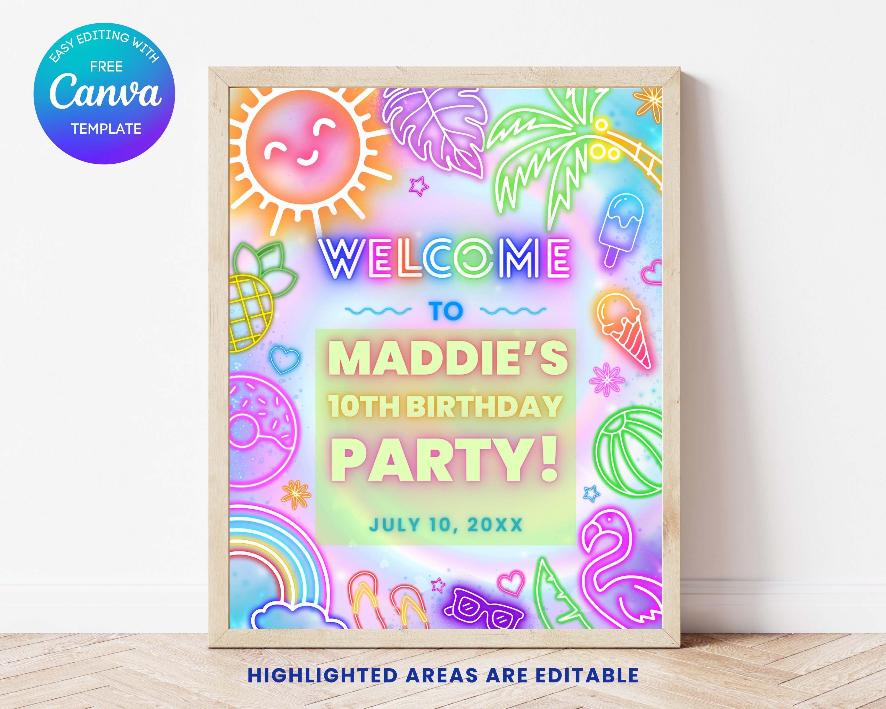 Pool Party Birthday Welcome Sign Neon Glow Summer Swimming Pool Welcome ...