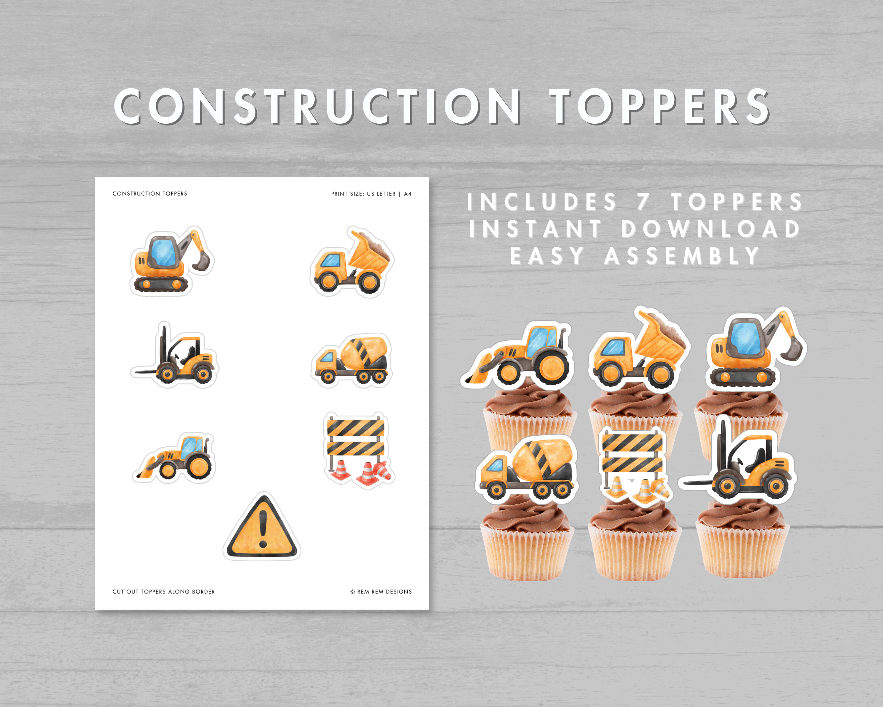 Construction Cupcake Toppers Printable Construction Truck Birthday Cake ...