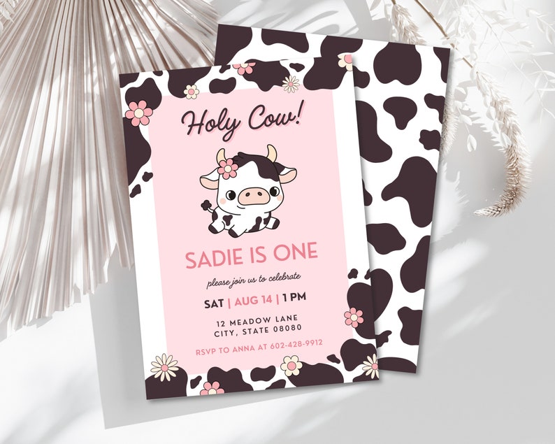 Holy Cow Pink Birthday Invitation Cow Floral Girl Party Invite Instant ...