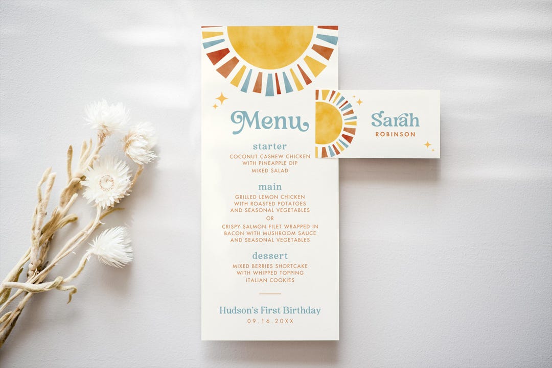 Sun Menu & Place Cards | Boho Retro Sun Party Decor | First Trip Around ...