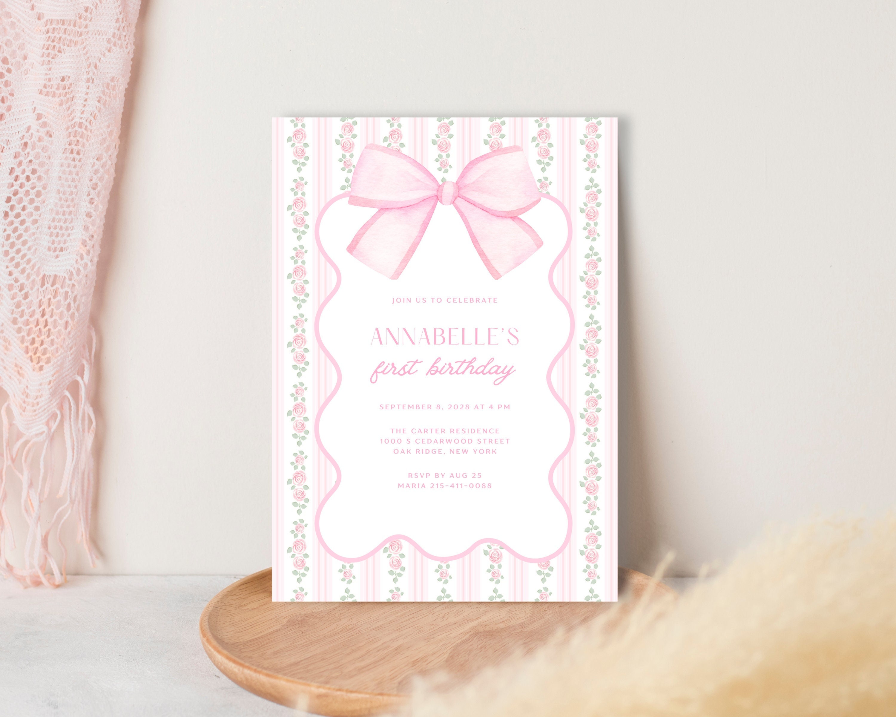 Vintage Pink Bow Floral Birthday Invitation Elegant Coquette Bow Rose ...