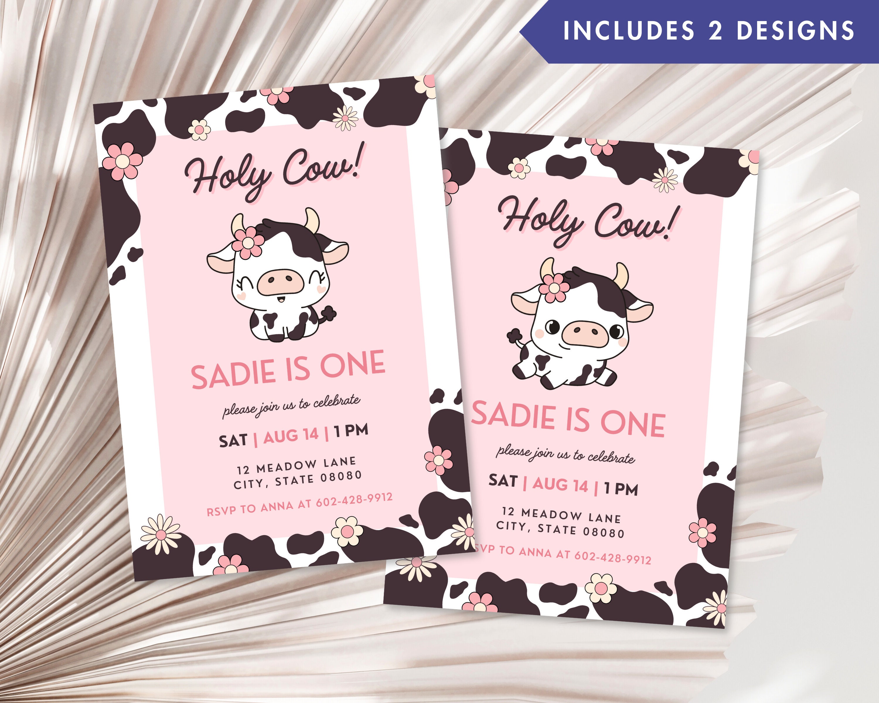 Holy Cow Pink Birthday Invitation Cow Floral Girl Party Invite Instant ...
