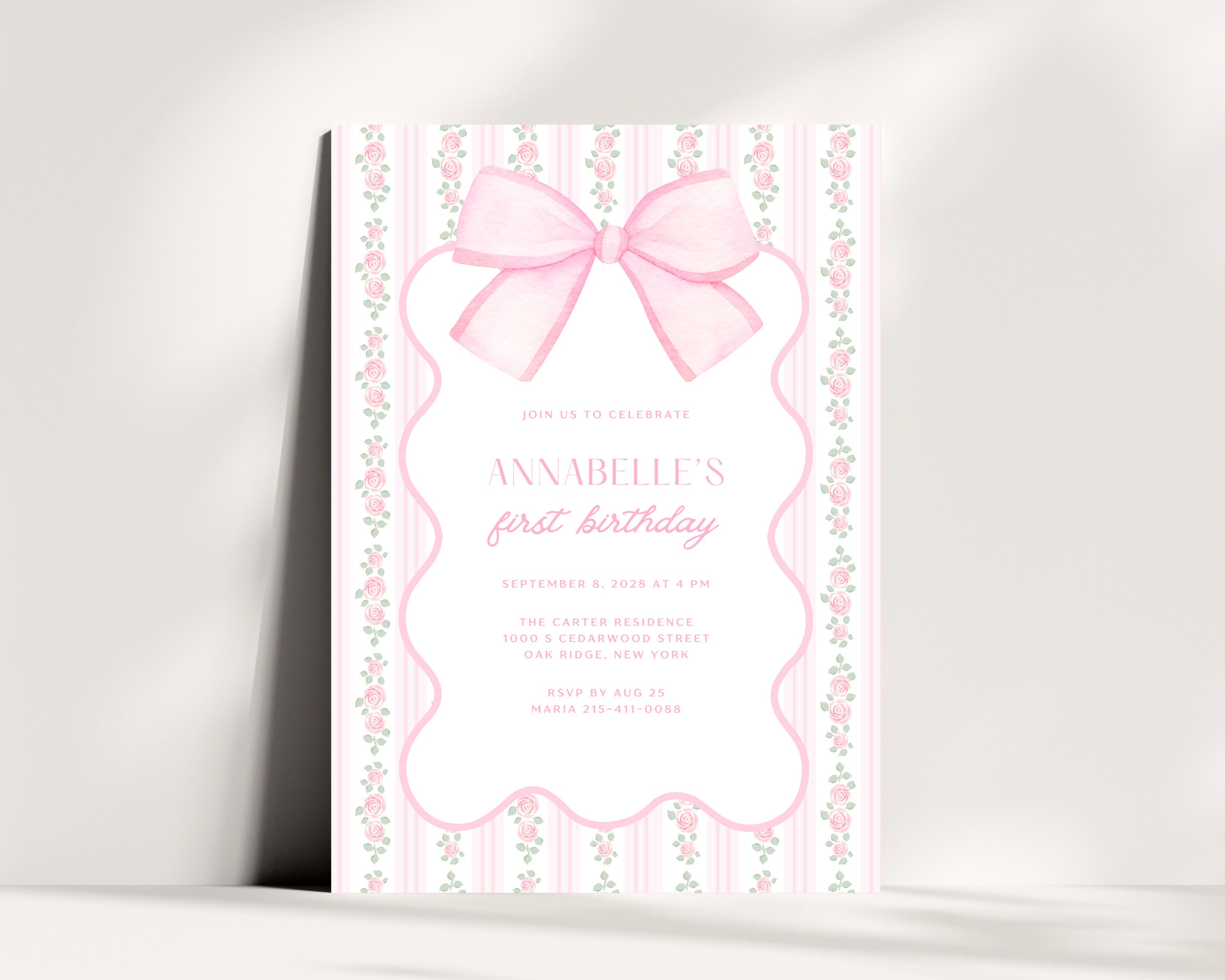 Vintage Pink Bow Floral Birthday Invitation Elegant Coquette Bow Rose ...