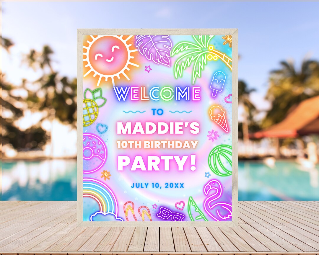 Pool Party Birthday Welcome Sign | Neon Glow Summer Swimming Pool ...