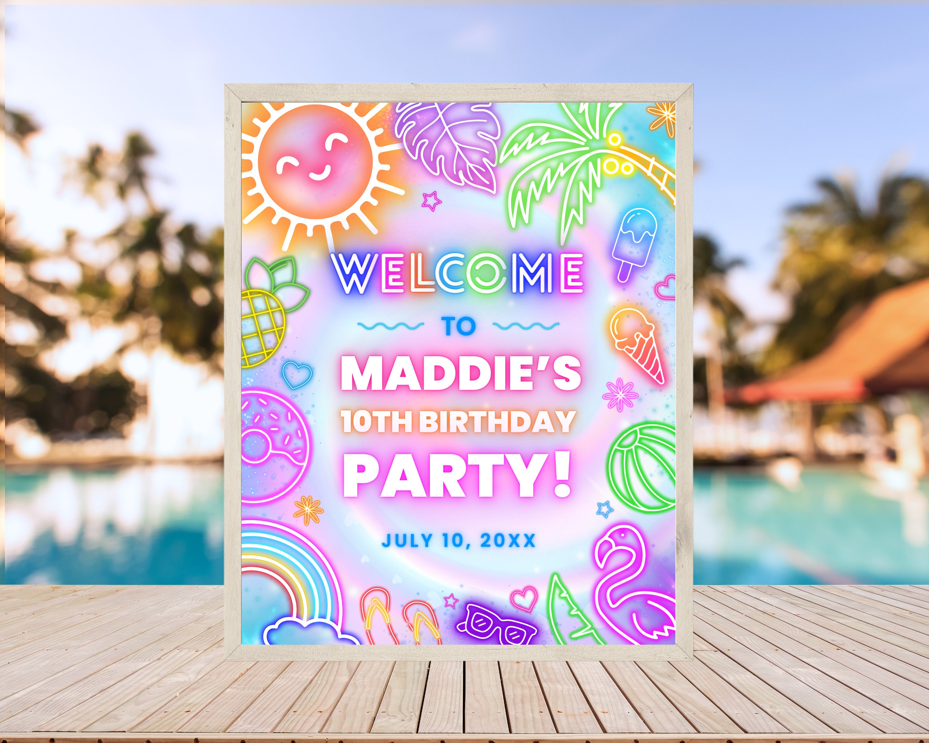 Pool Party Birthday Welcome Sign Neon Glow Summer Swimming Pool Welcome ...