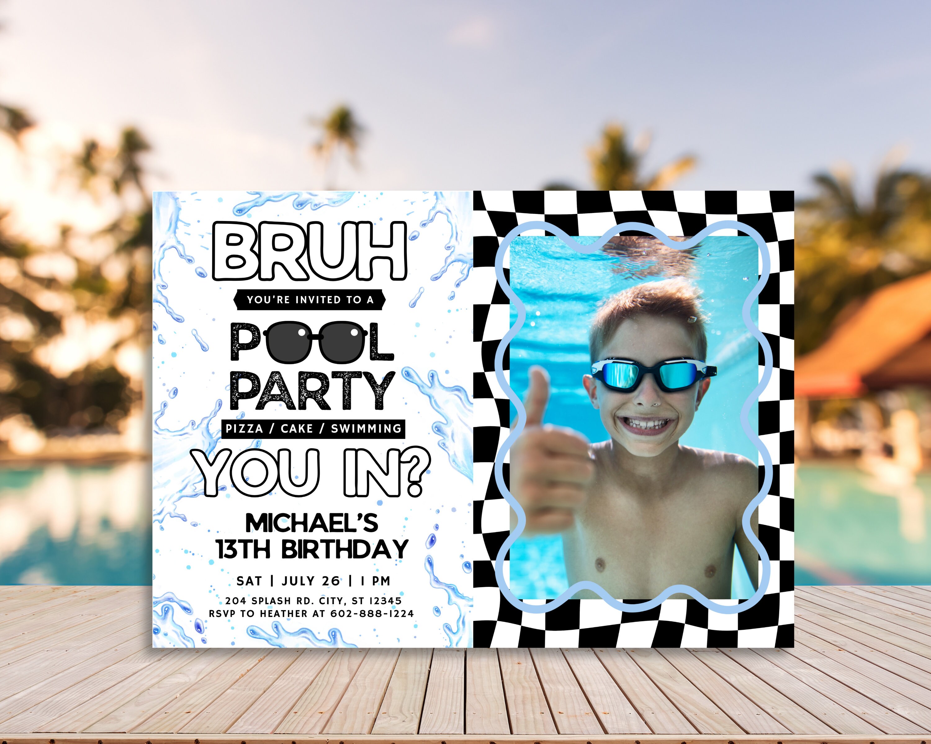 Bruh Pool Party Birthday Invitation Custom Photo Boy Summer Swim Party ...