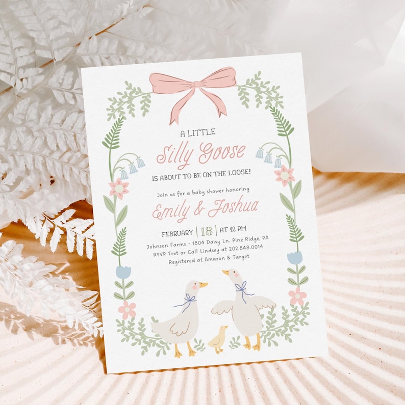 Silly Goose Baby Shower Invitation Bundle, Floral Pink Bow Baby Shower ...