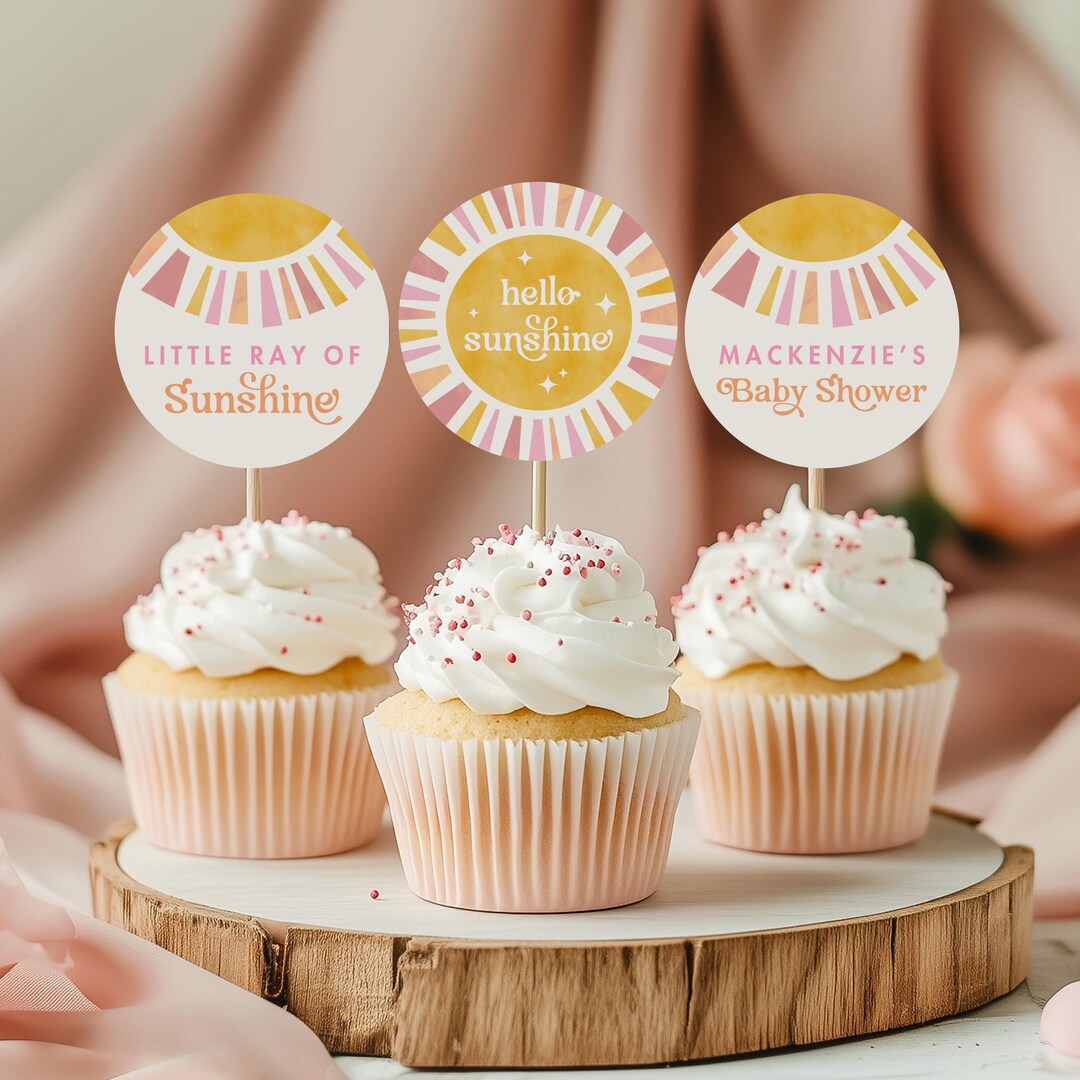 Sunshine Baby Shower Cupcake Toppers | Boho Retro Sun Girl Baby Shower ...