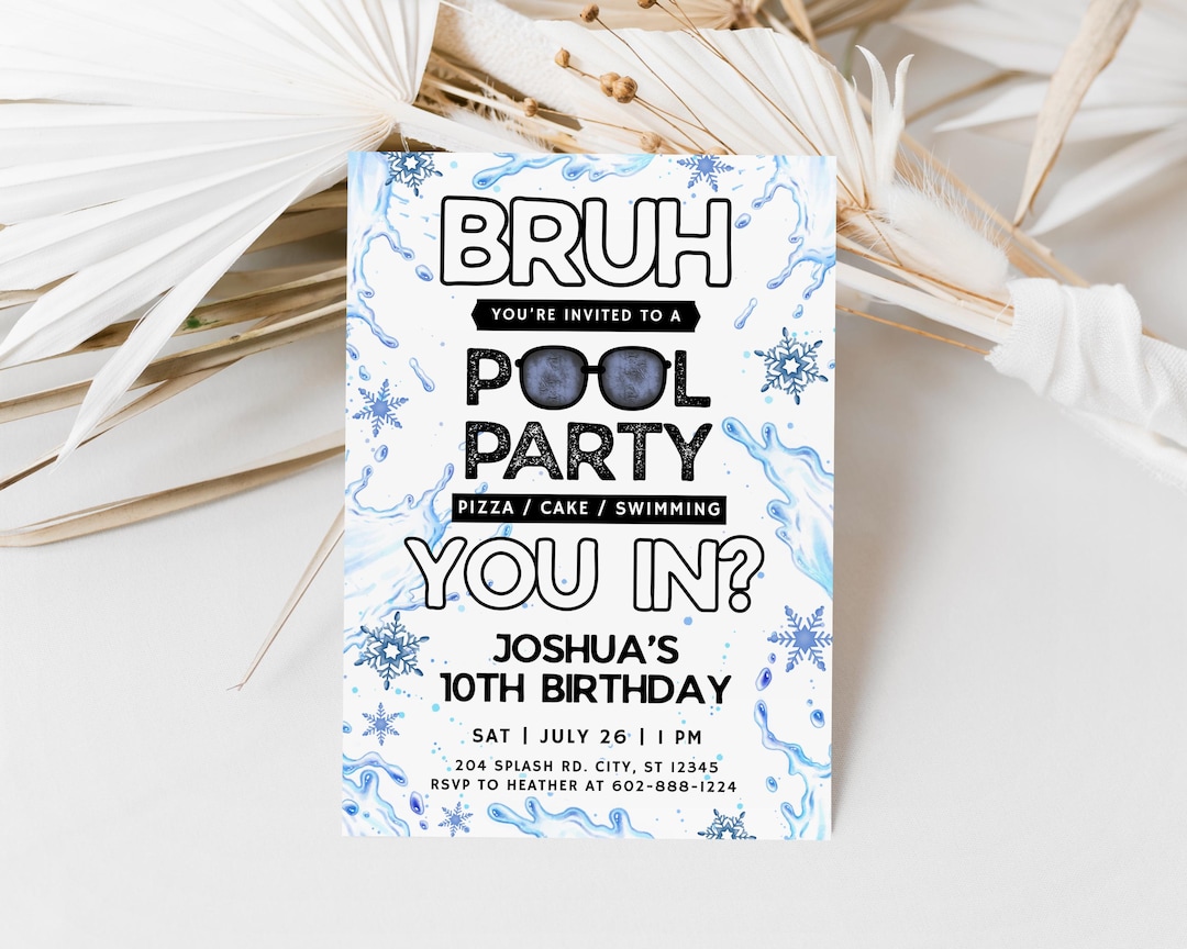 Bruh Winter Pool Party Birthday Invitation | Boy Swim Party Invite ...