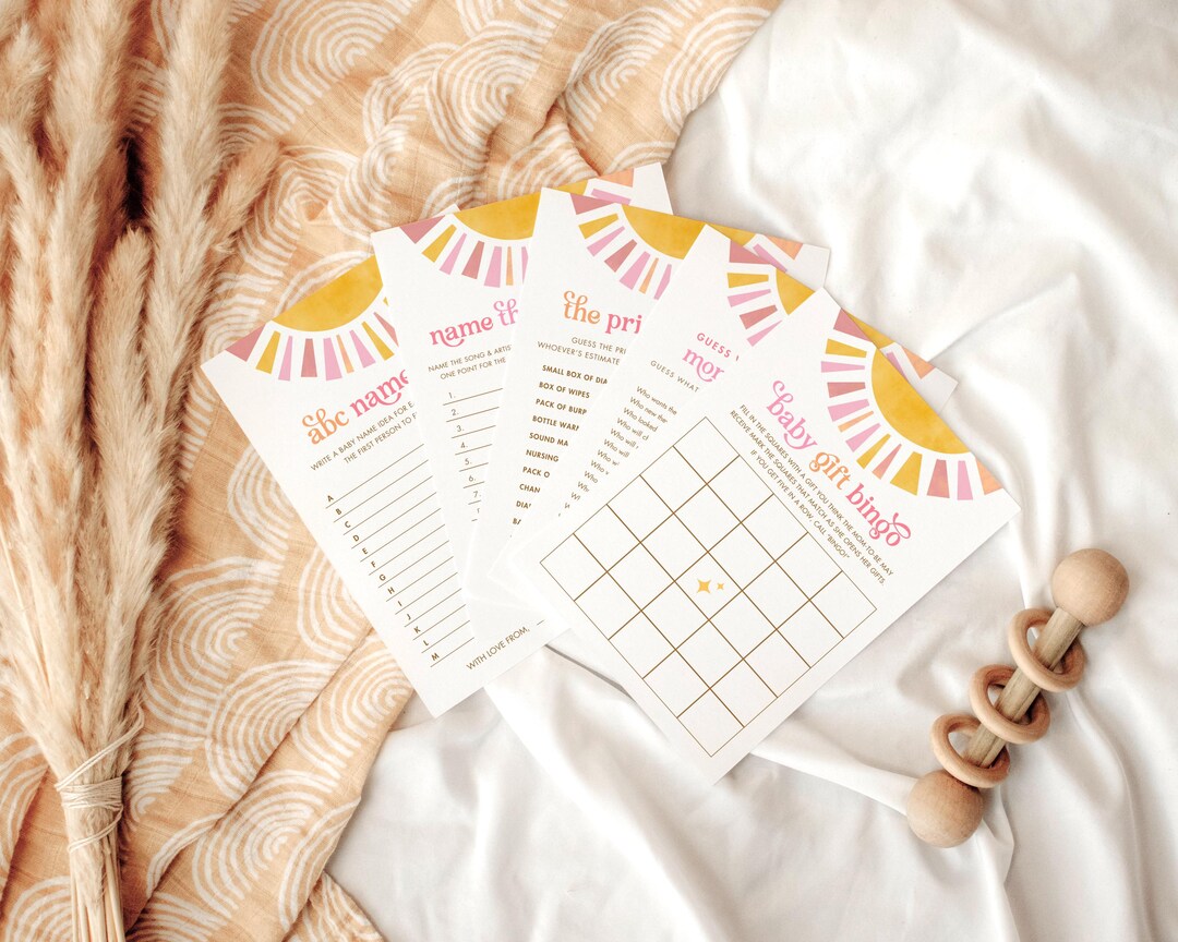 Sunshine Baby Shower Editable Games Bundle | Boho Retro Sun Girl Baby ...
