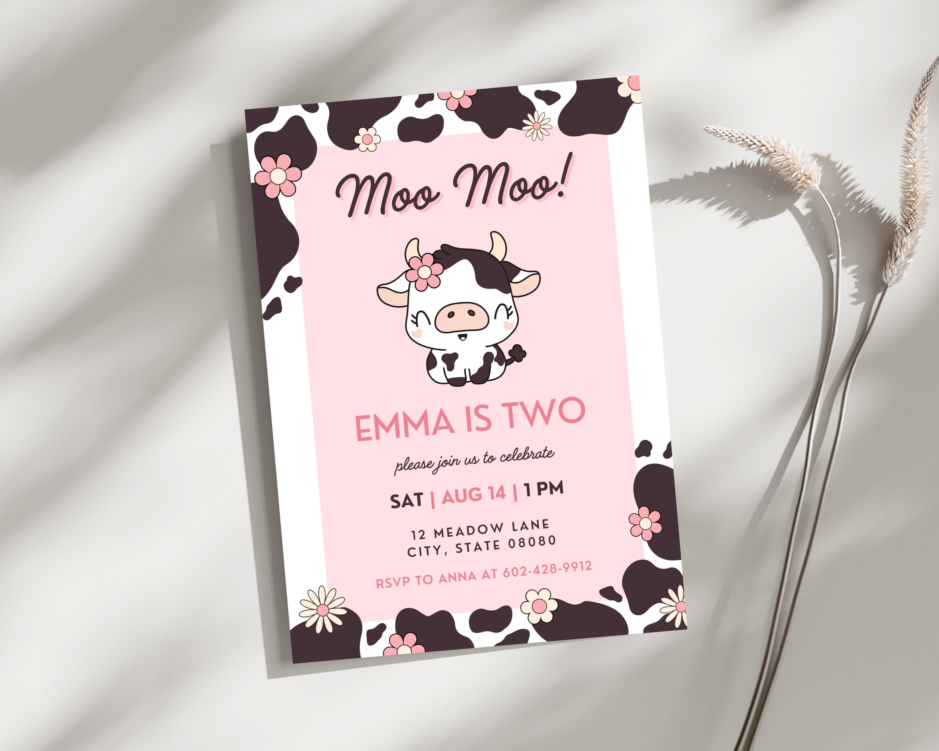 Holy Cow Pink Birthday Invitation Cow Floral Girl Party Invite Instant ...