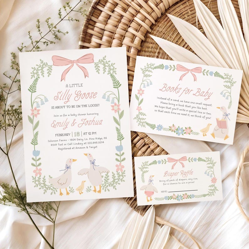 Silly Goose Baby Shower Invitation Bundle, Floral Pink Bow Baby Shower ...