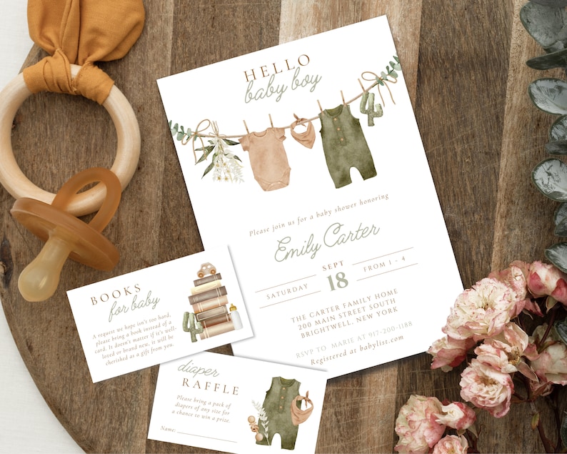 Boho Boy Clothesline Baby Shower Invitation Bundle | Watercolor Neutral ...