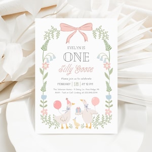 One Silly Goose 1st Birthday Invitation | Floral Geese First Birthday ...