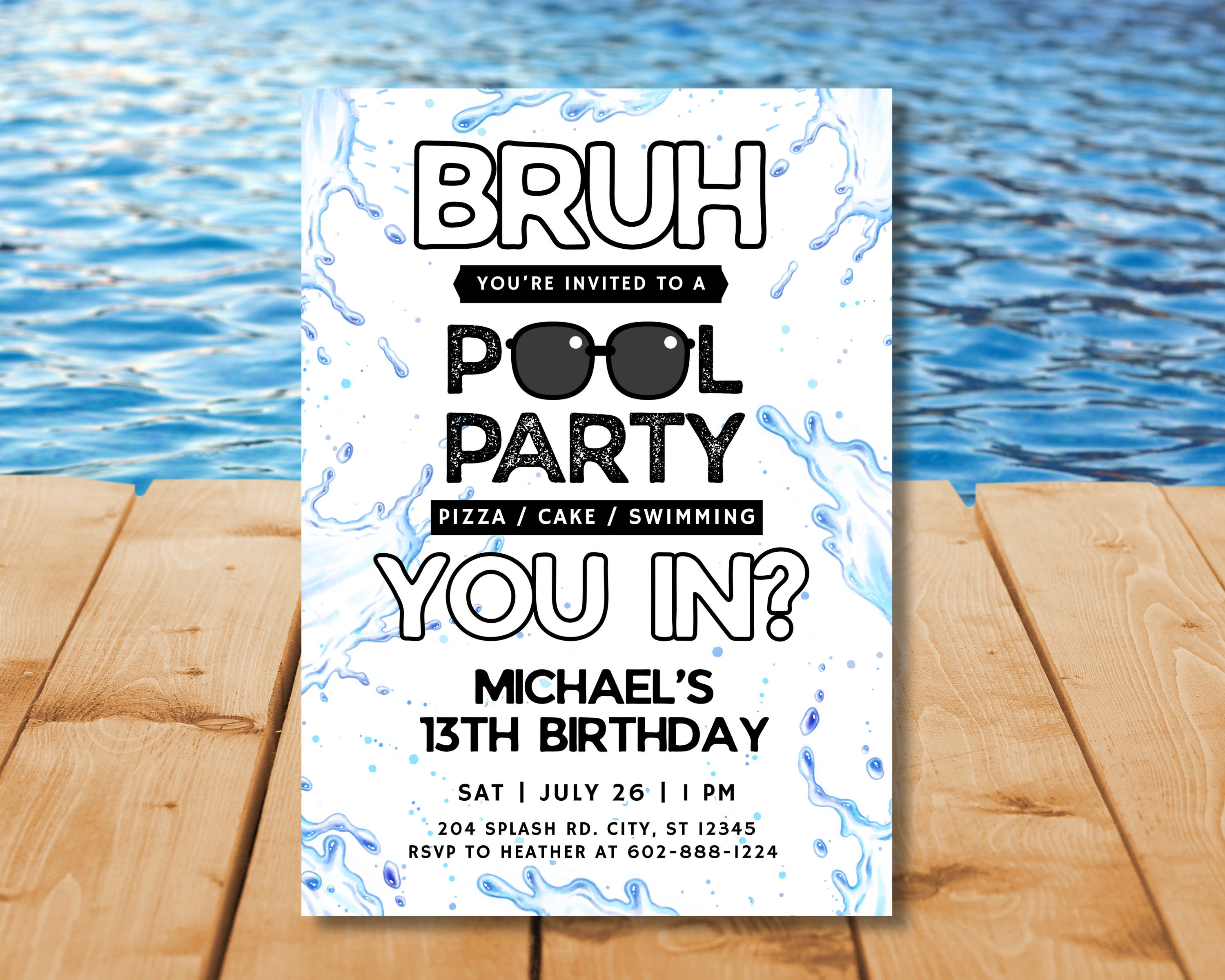Bruh Pool Party Birthday Invitation Boy Summer Swim Party Invite ...