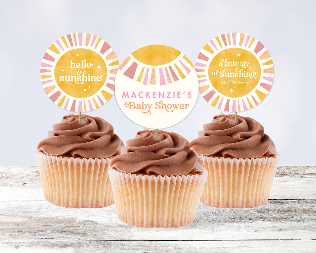 Sunshine Baby Shower Cupcake Toppers Boho Retro Sun Girl Baby Shower ...