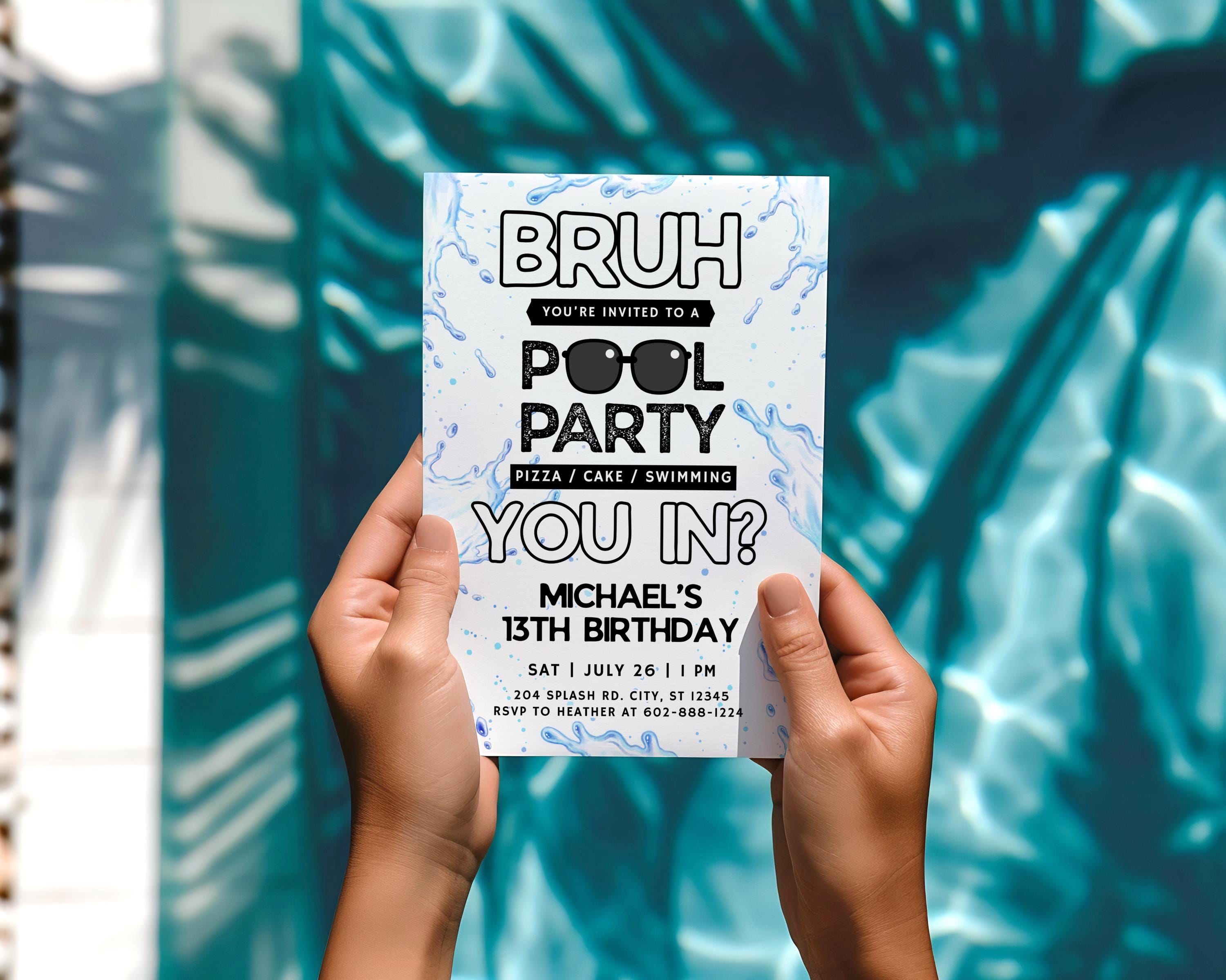 Bruh Pool Party Birthday Invitation, Boy Summer Swim Party Invite ...