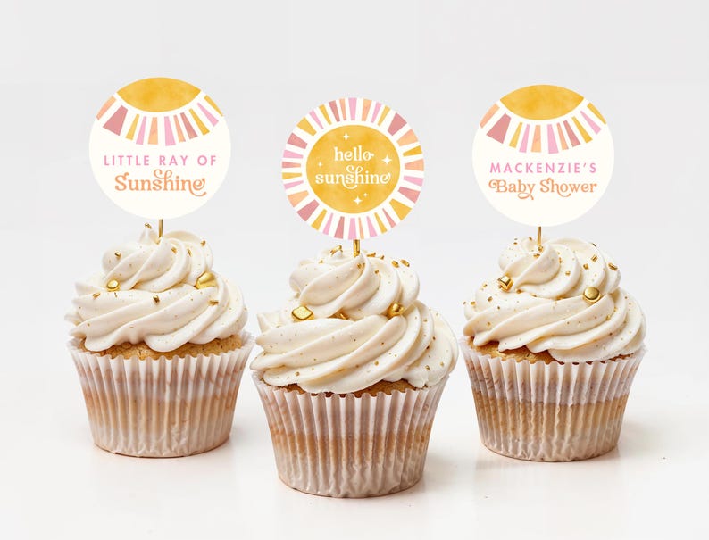 Sunshine Baby Shower Cupcake Toppers | Boho Retro Sun Girl Baby Shower ...